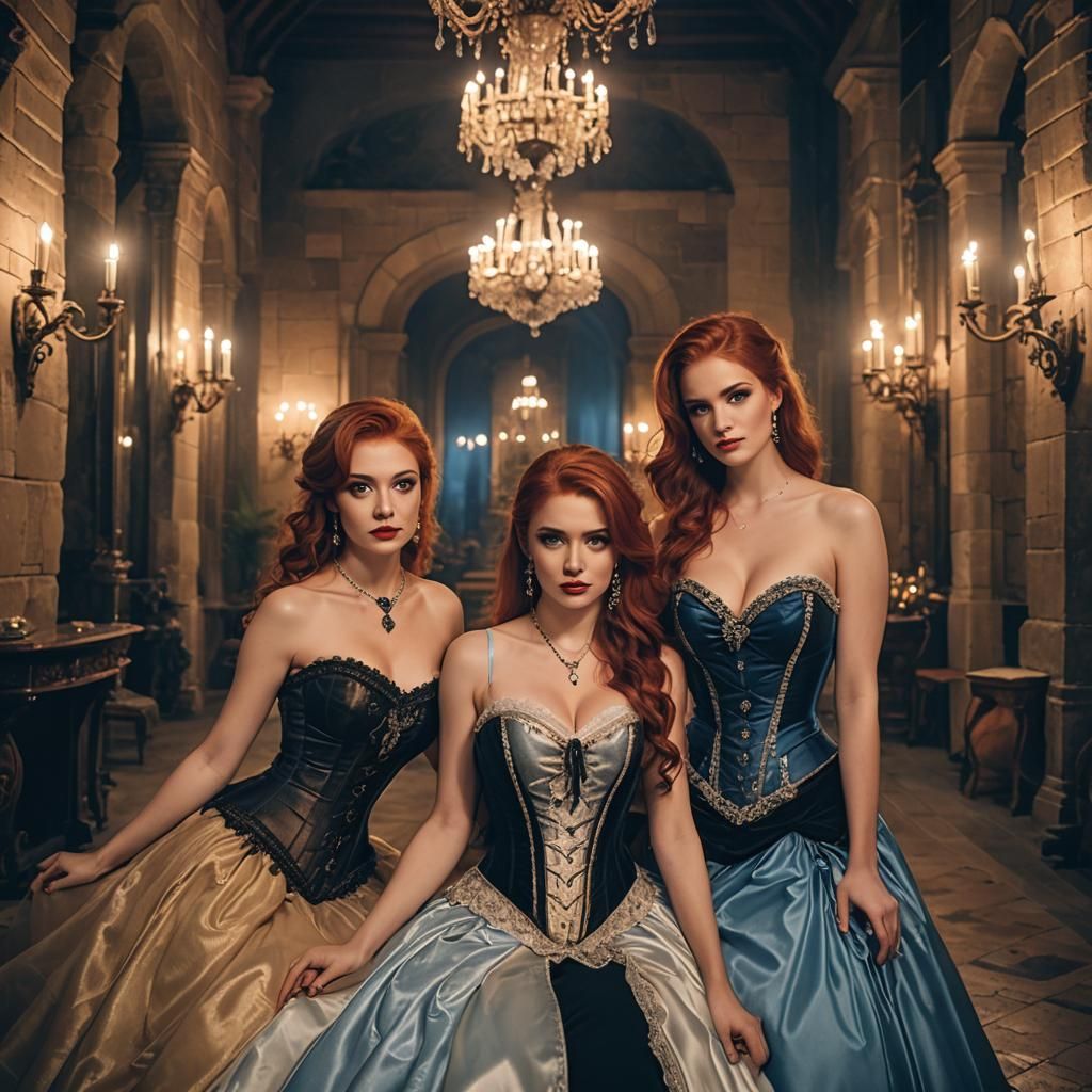 three women in corsets posing for a picture in a room, 3 young and beautiful women, models, 5 0 ...