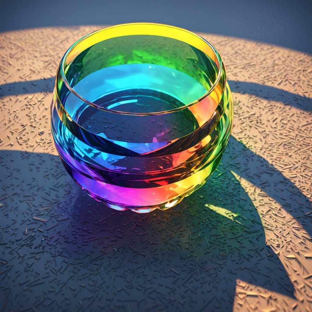 Glass objects casting rainbow shadows.