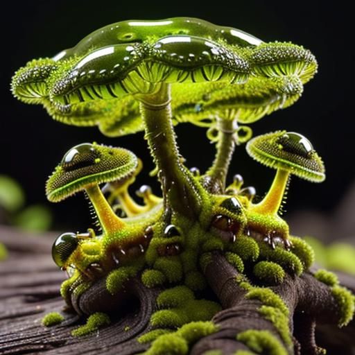 tiny cute creature, slime mold, fungus, moss, semi-transparent ...