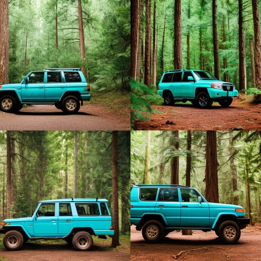 A turquoise colors Toyota land cruiser parked , forest path background ...