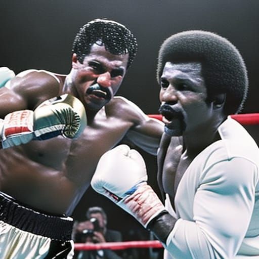 roberto duran vs apollo creed in a Boxing match, scene movie Rocky 1985 Professional photography ...