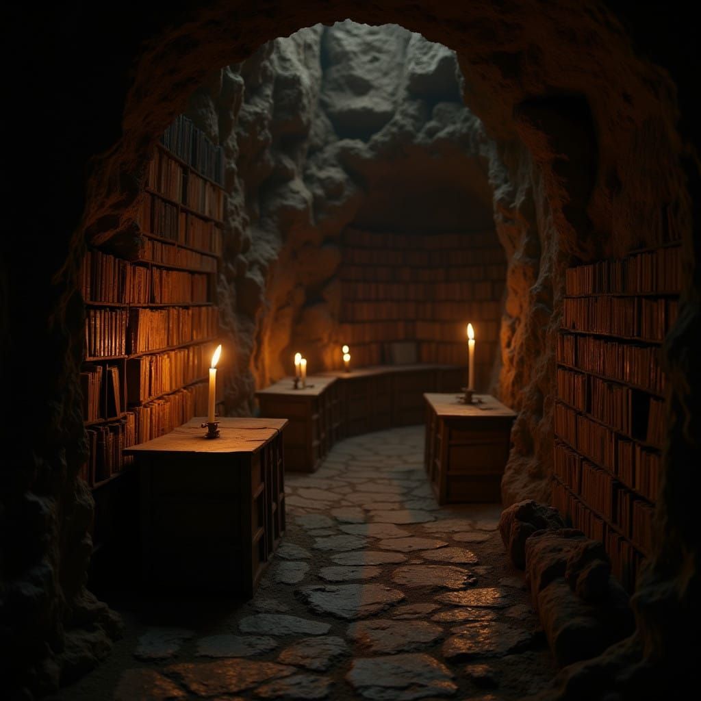 Ethereal Cave Library Illuminated by Flickering Ca... - AI Art