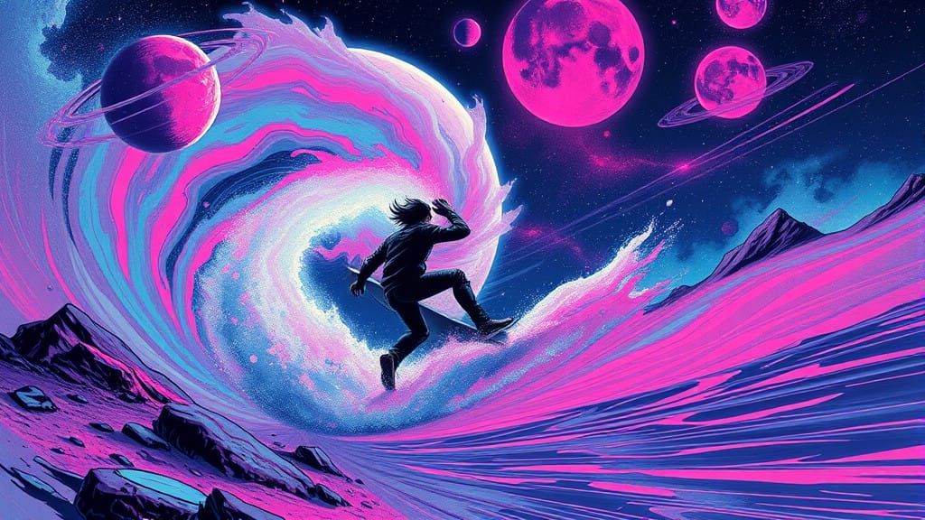 Cosmic Surfer Rides Space Dust Vortex in Dark, Psy... - AI Art