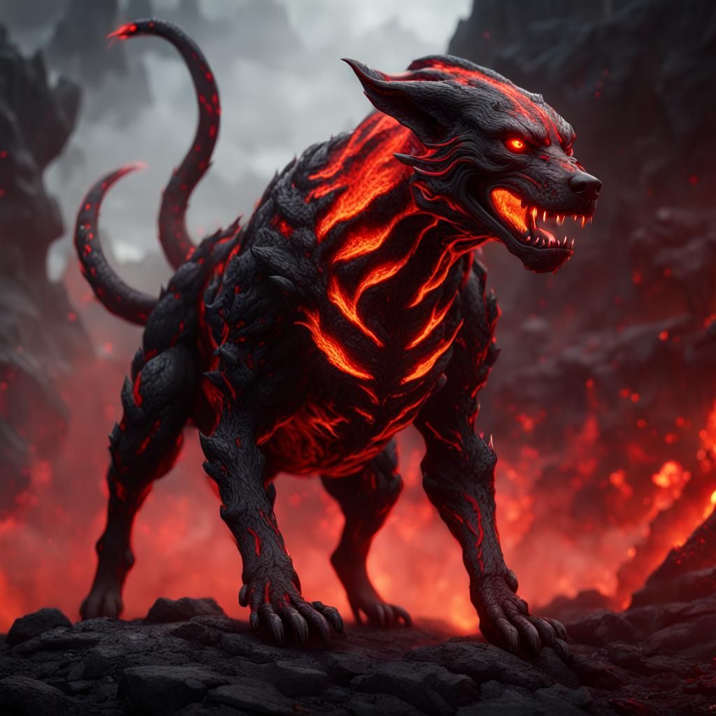 Hellhound - Cyberpunk Hellhound in Fiery Lava Landscape