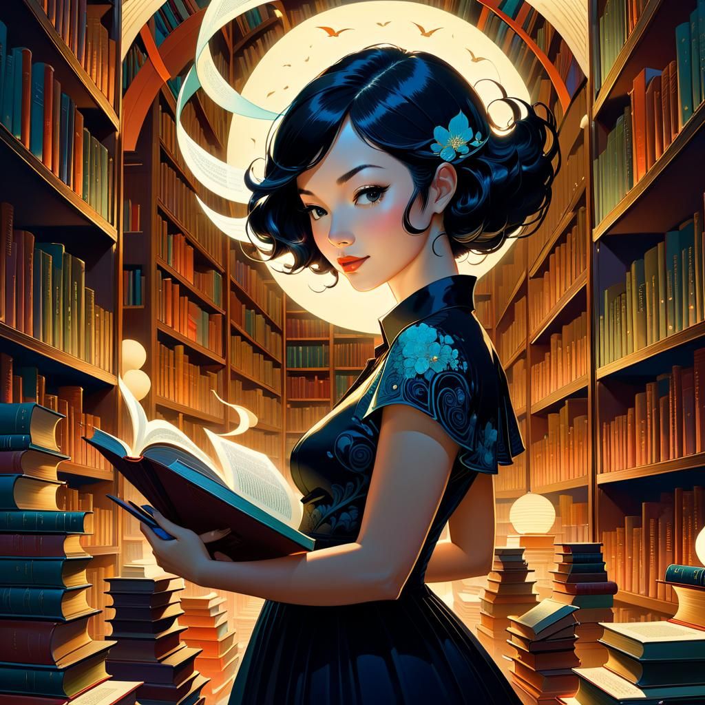 beautiful front portrait, a librarian, surrounded by books, whimsical ...
