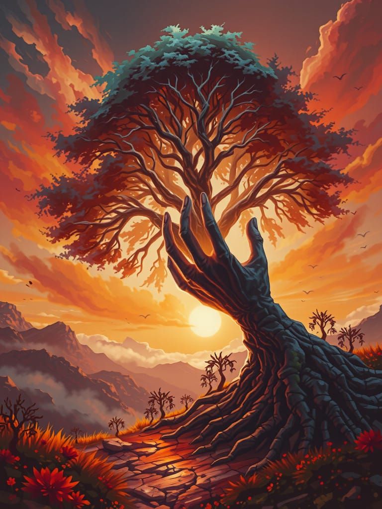 A colossal, gnarled hand erupts from the earth, its massive, arthritic ...