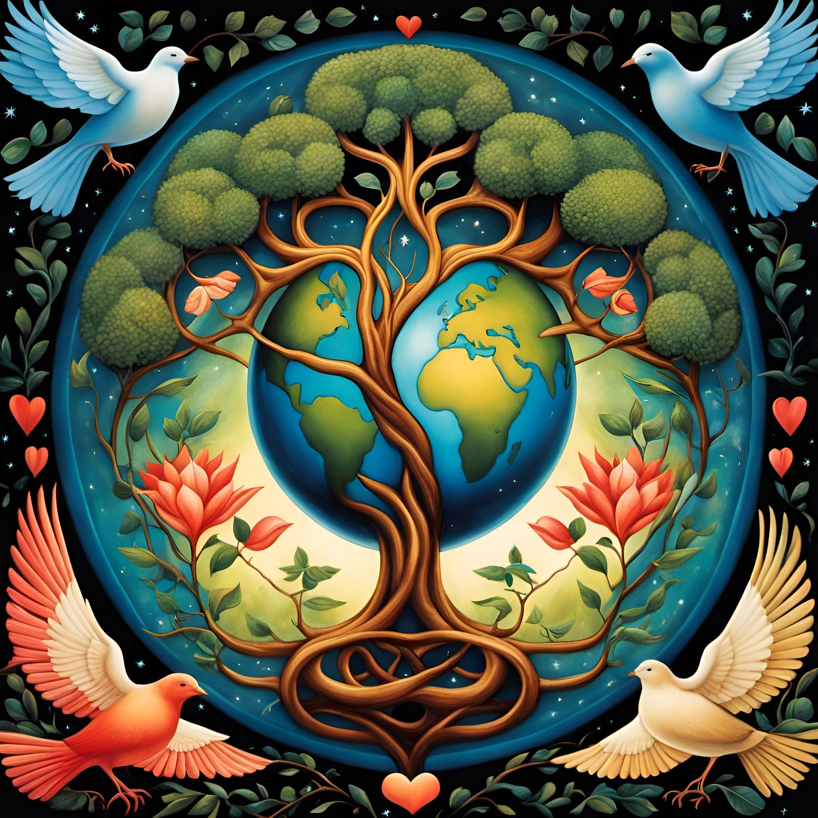 Vibrant peaceful Tree of life in shape of the planet earth with a ...