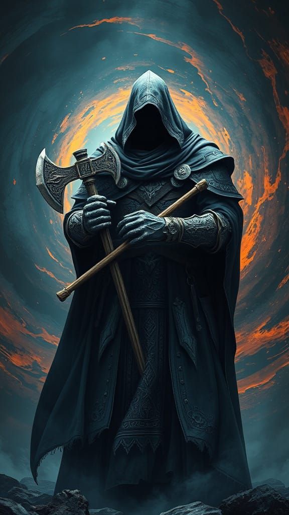 A cloaked executioner stands proudly, grasping a worn, ornate ax, its ...