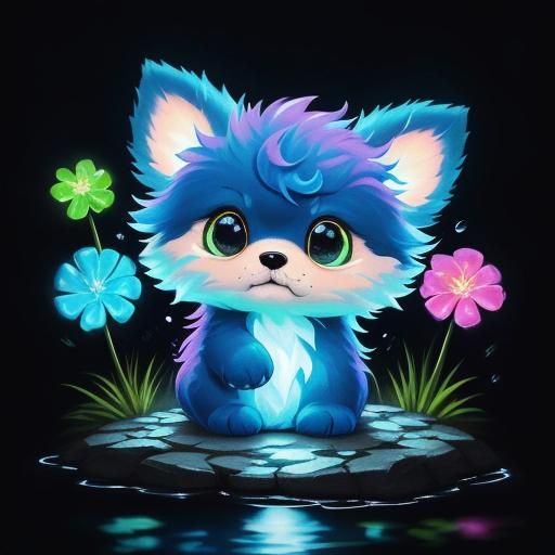 adorable cute chibi baby furry Puppy with a bioluminescent Waterfall in ...