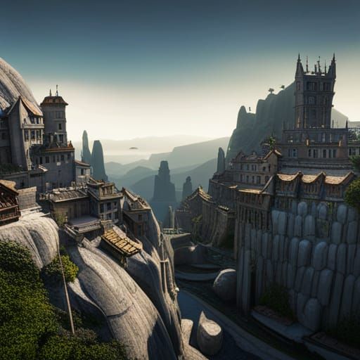 city built into the side of a mountain with stone buildings - AI ...