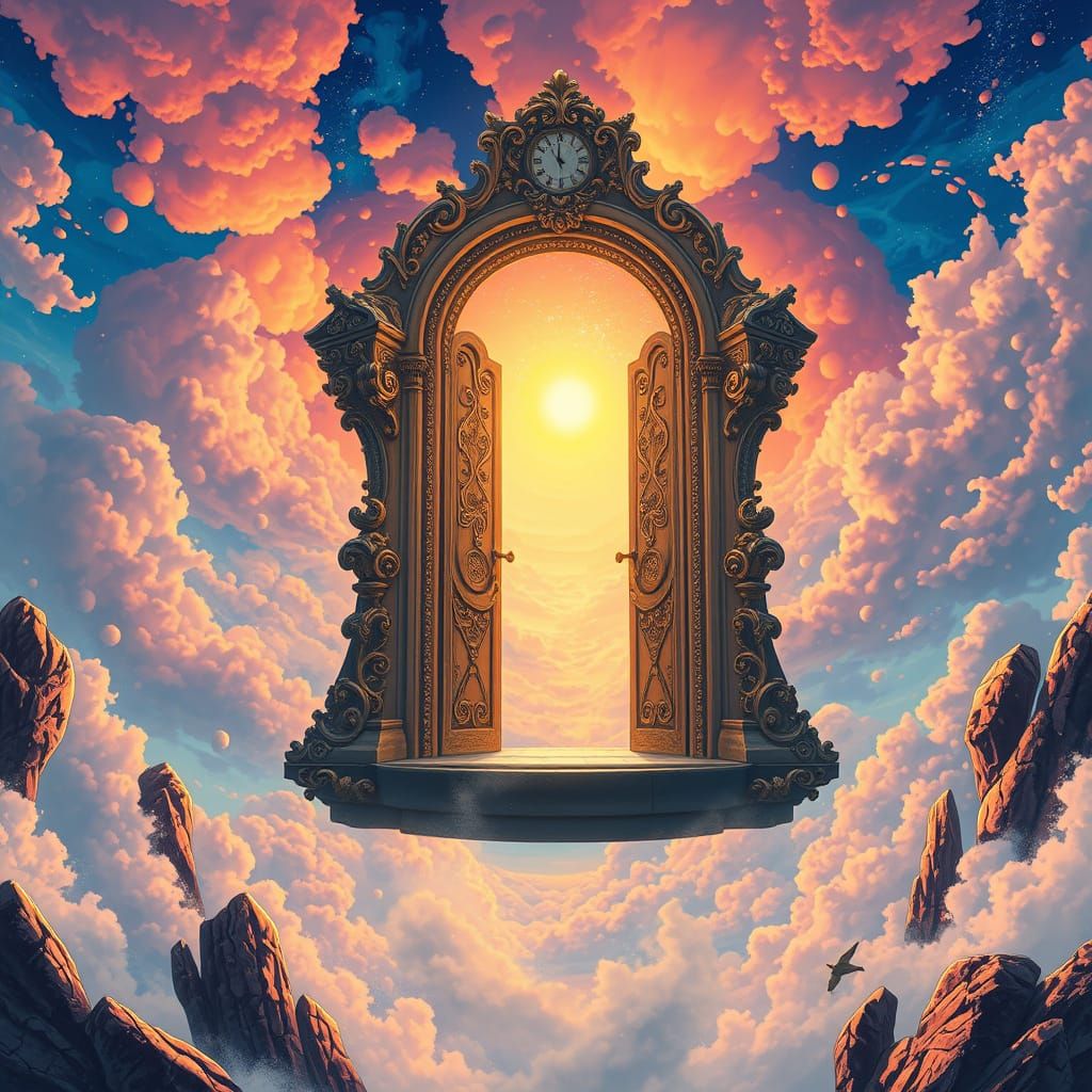 A floating door in the colorful sky, wide open and leading to who knows ...