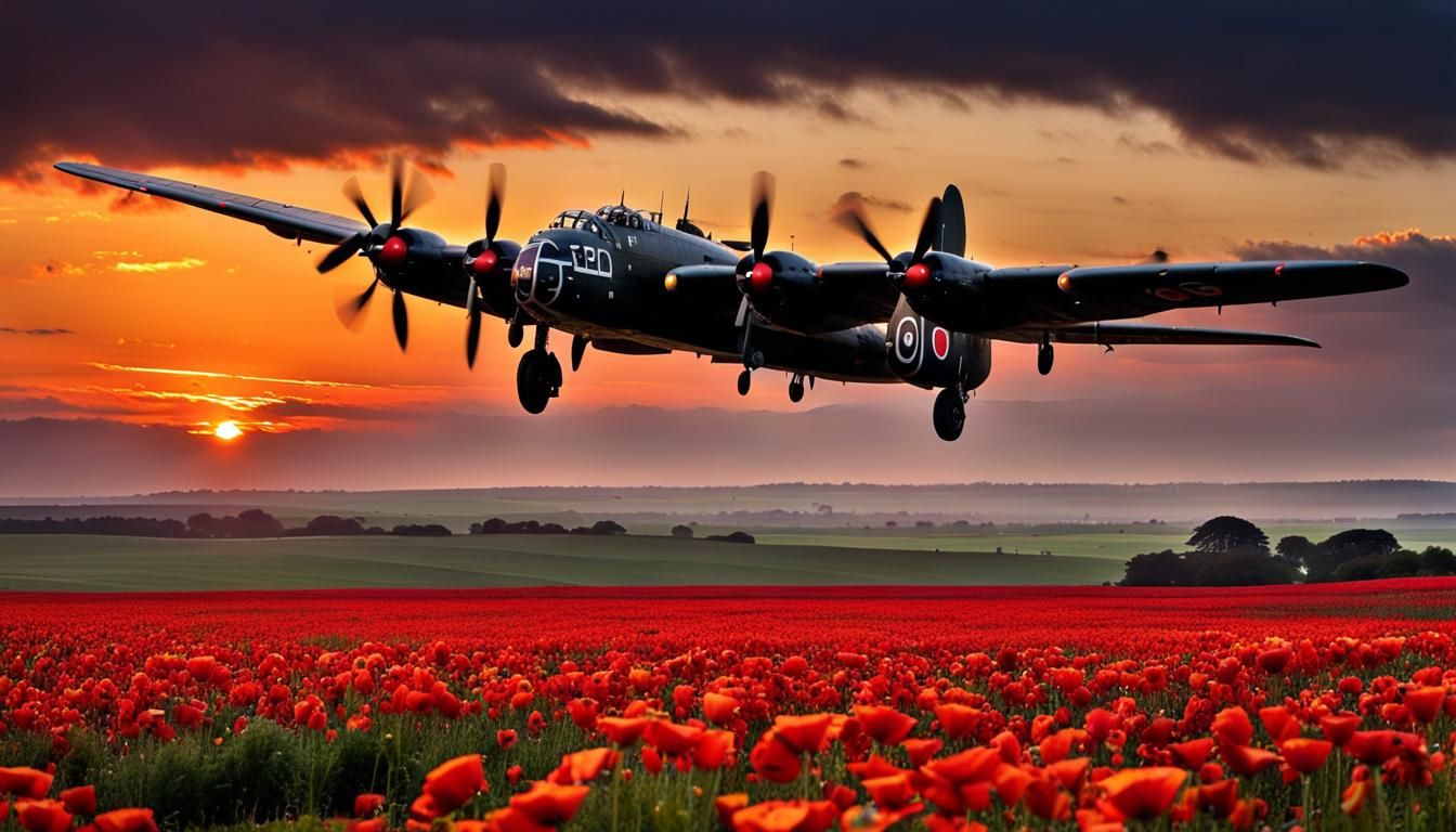Avro Lancaster in flight over a stunning field of poppies at sunset ...