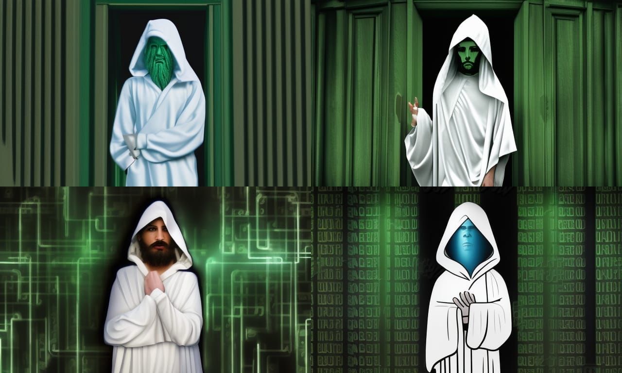 Computer world humanoid God dressed as a hooded Greek philosopher - AI ...