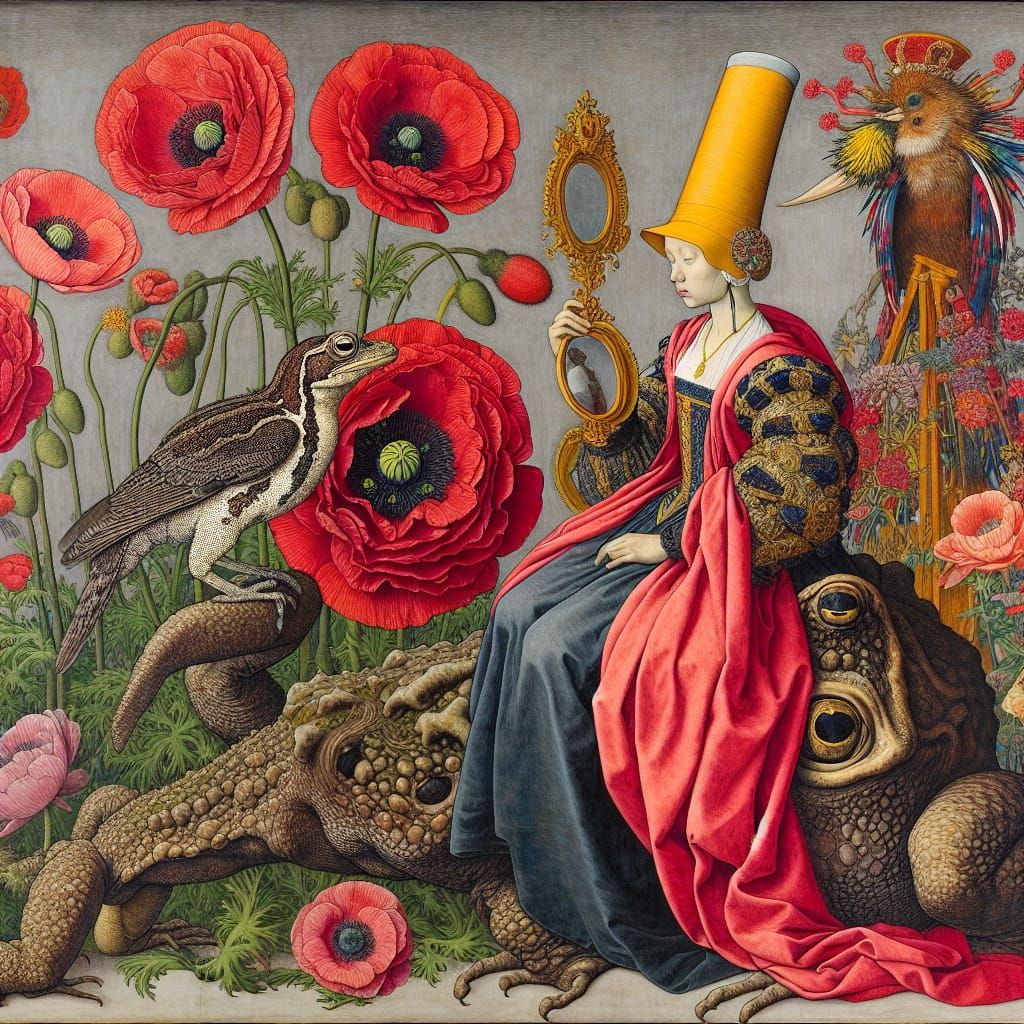 Majestic Woman Enveloped by Dürer-Inspired Florals... - AI Art