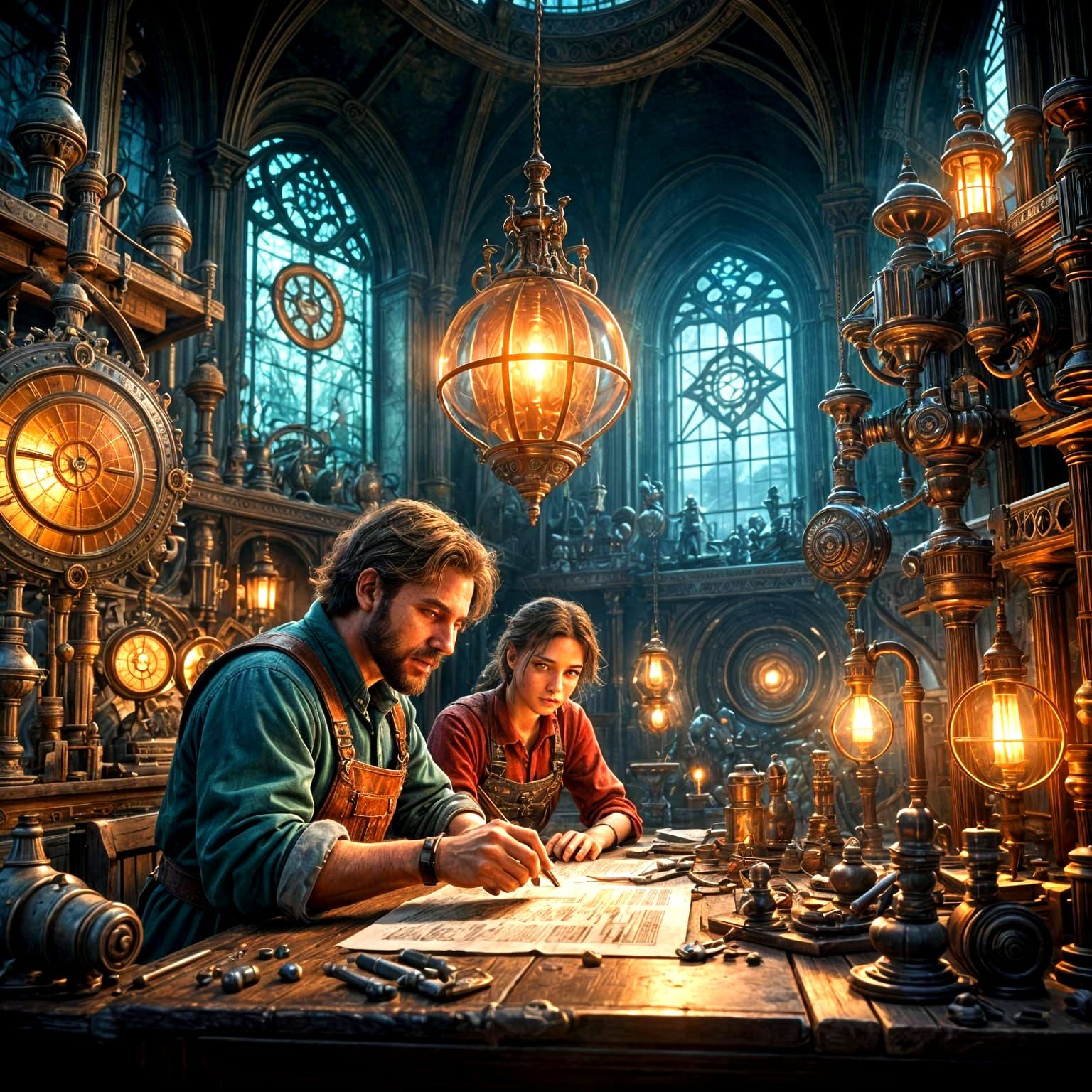 Ethereal Inventors in Vibrant Fantasy Realm - AI Art