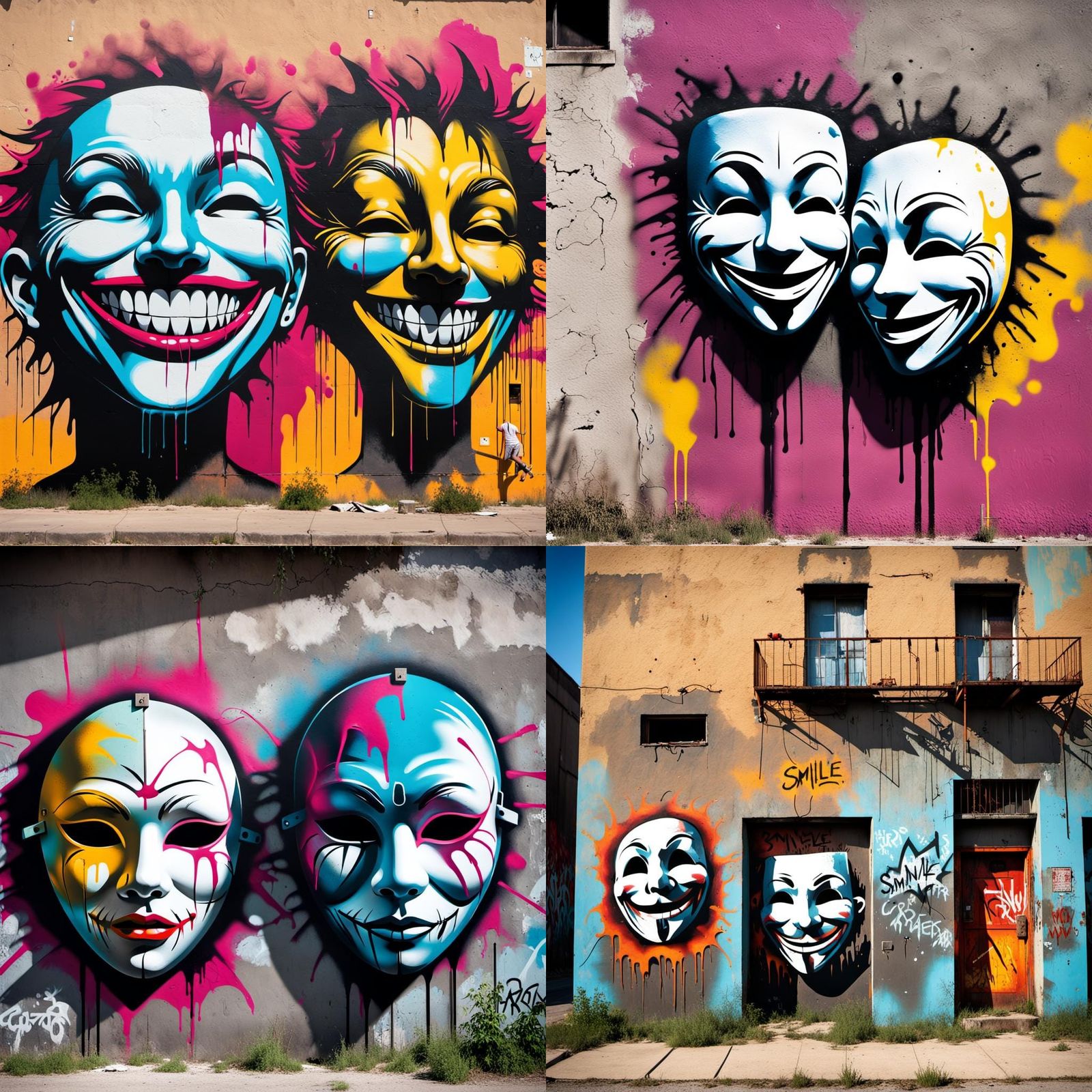 The "smile now" "cry later" masks tagged in spray paint on the side of ...
