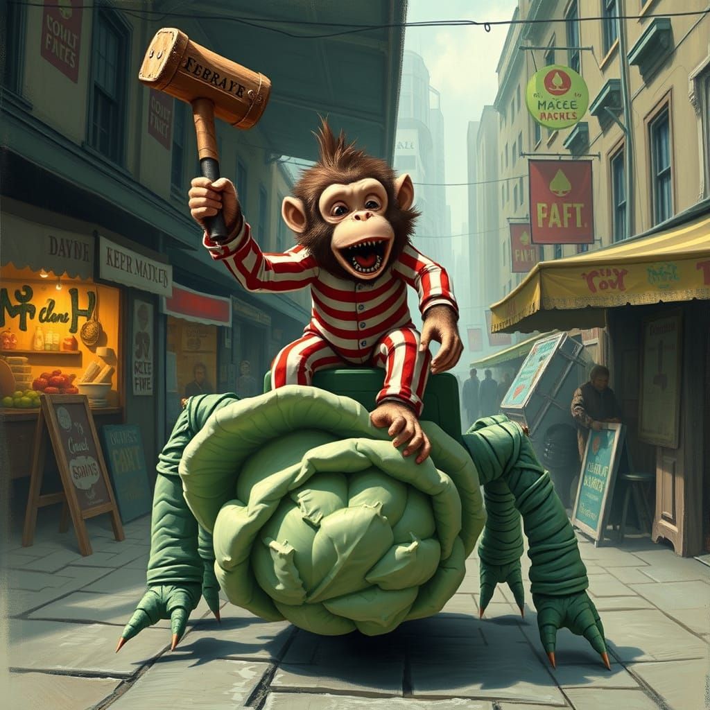 how about a screeching monkey with a hammer in striped pajamas riding a ...