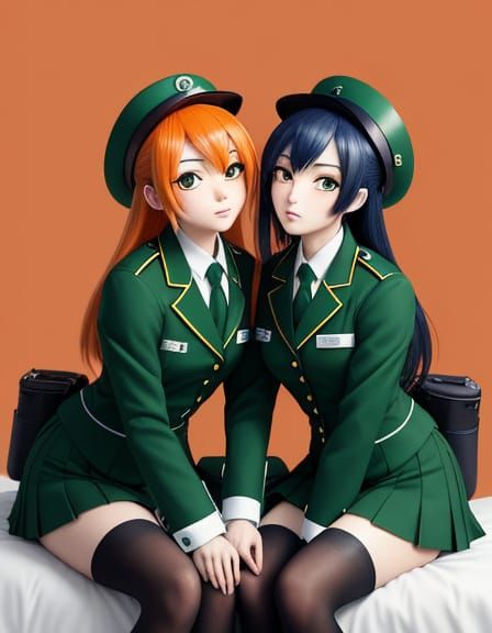 Kemono Twin Sisters Kiss in Steampunk Manga Style - AI Art