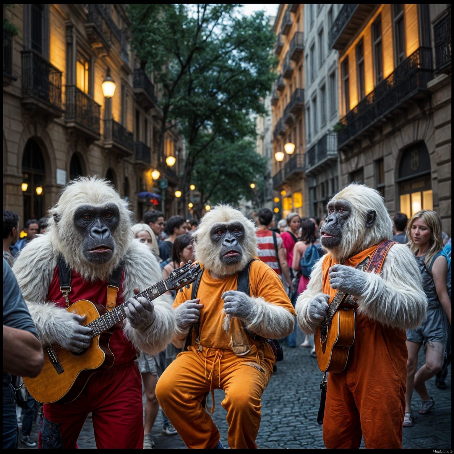 Street Musicians as White Gorilla Monkeys Perform ... - AI Art