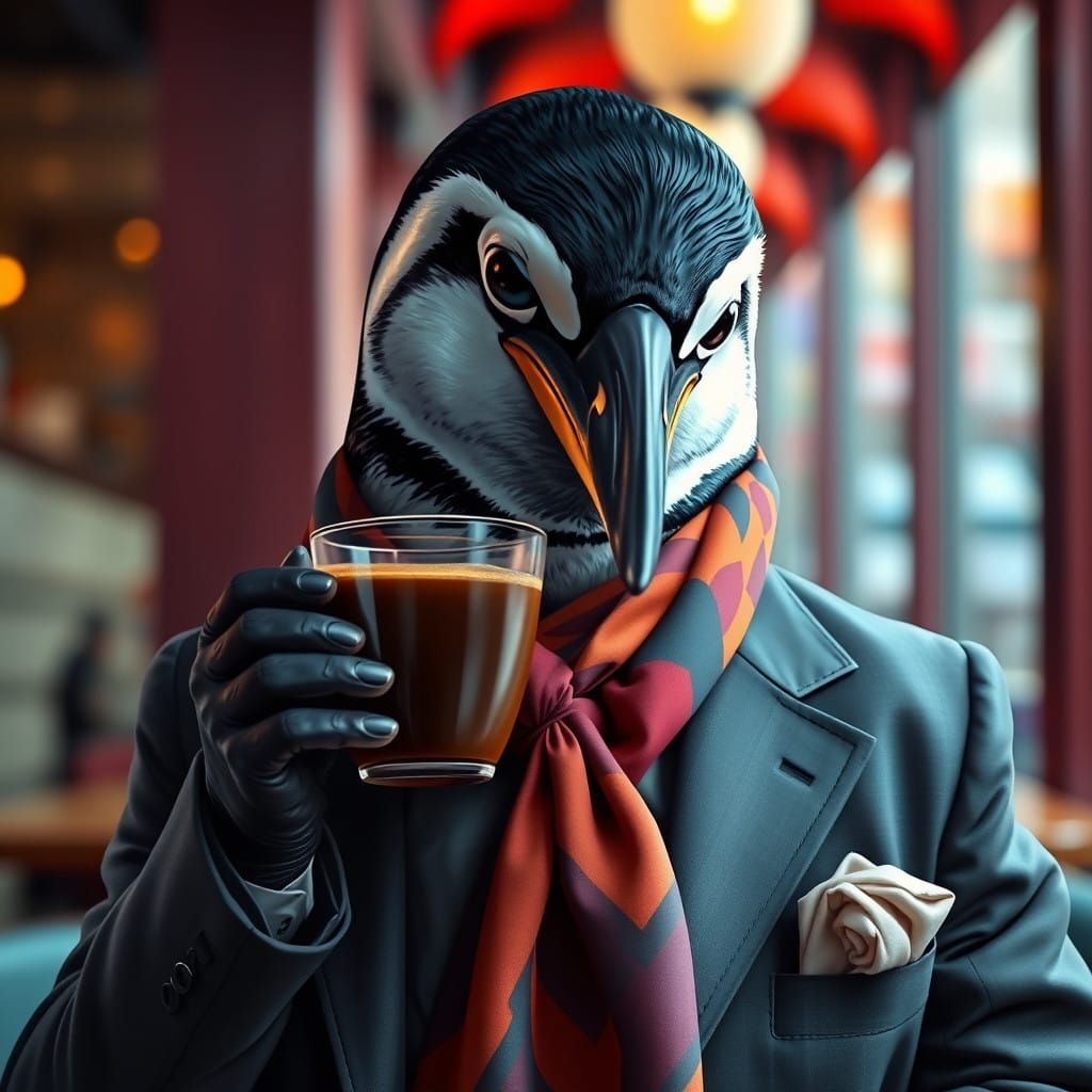 Dapper Penguin in Downtown Café Sophistication - AI Art