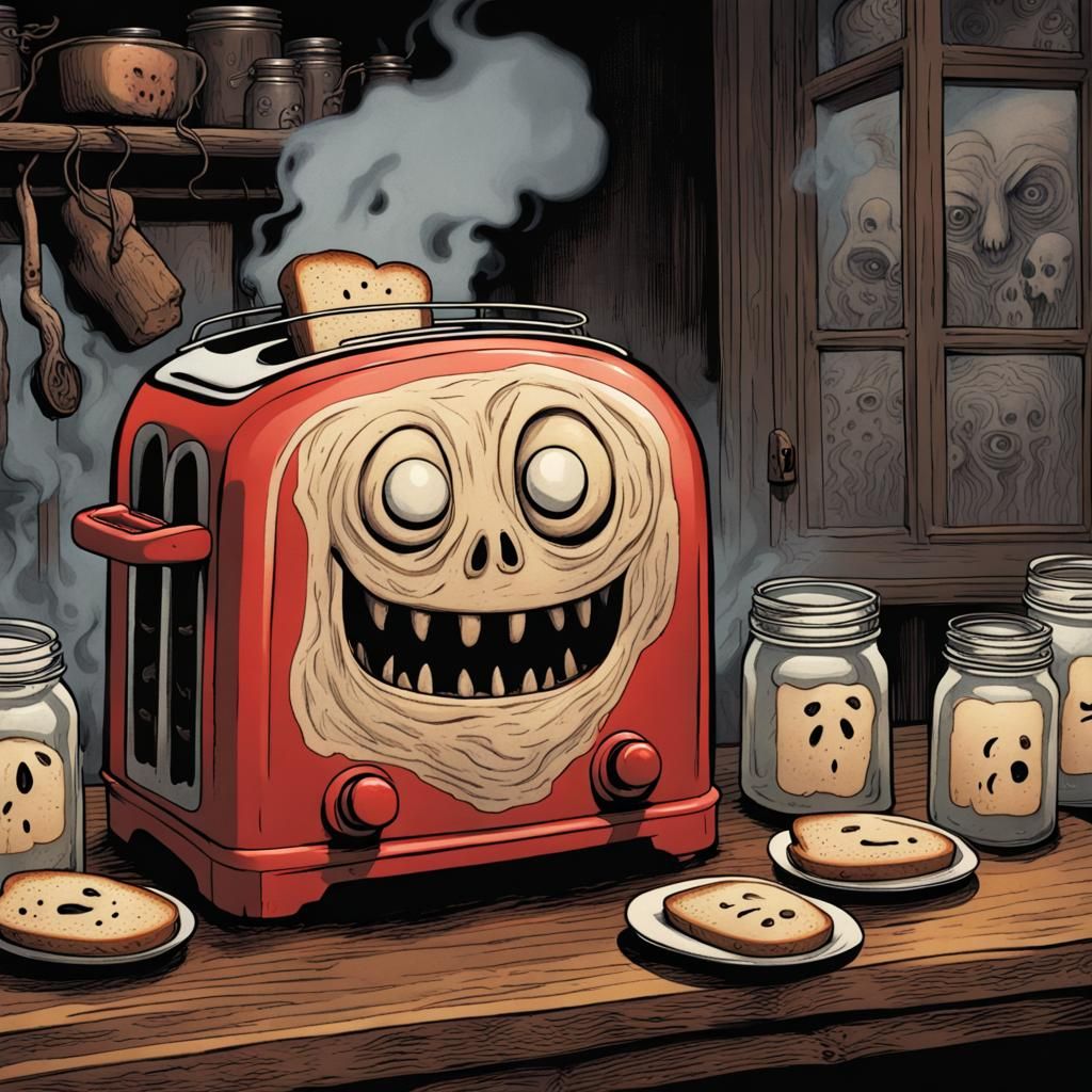 16k resolution, art by Junji Ito, Brom. Sinister toaster, bread slices ...