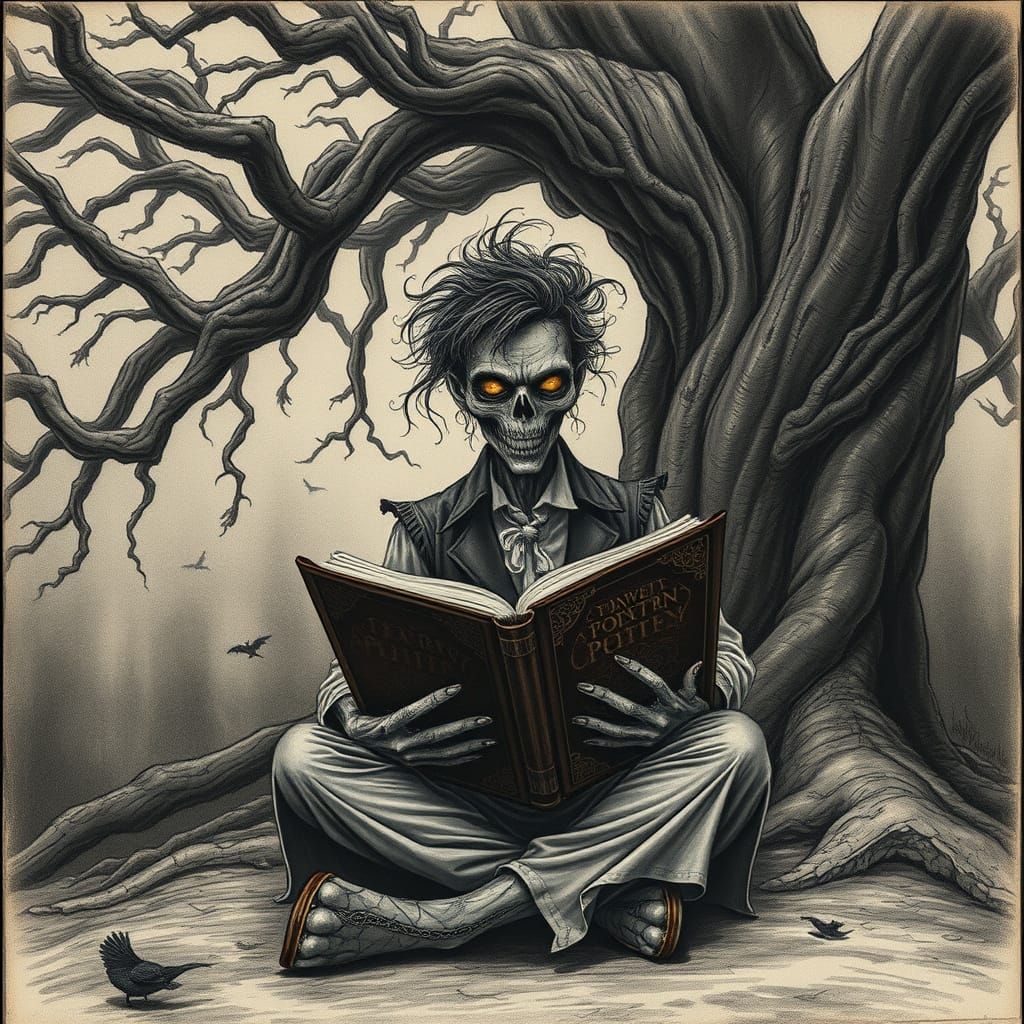 Elegant Zombie Reads Poetry Beneath Twisted Tree i... - AI Art