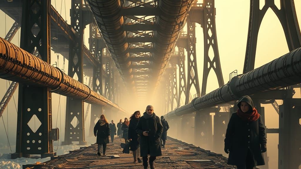 A maze of giant iron pipe bridges stretching across the sky, with ...