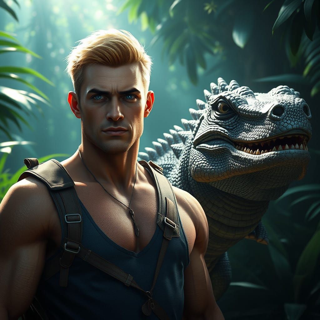 Chiseled Adventurer Stands Beside Majestic Komodo ... - AI Art