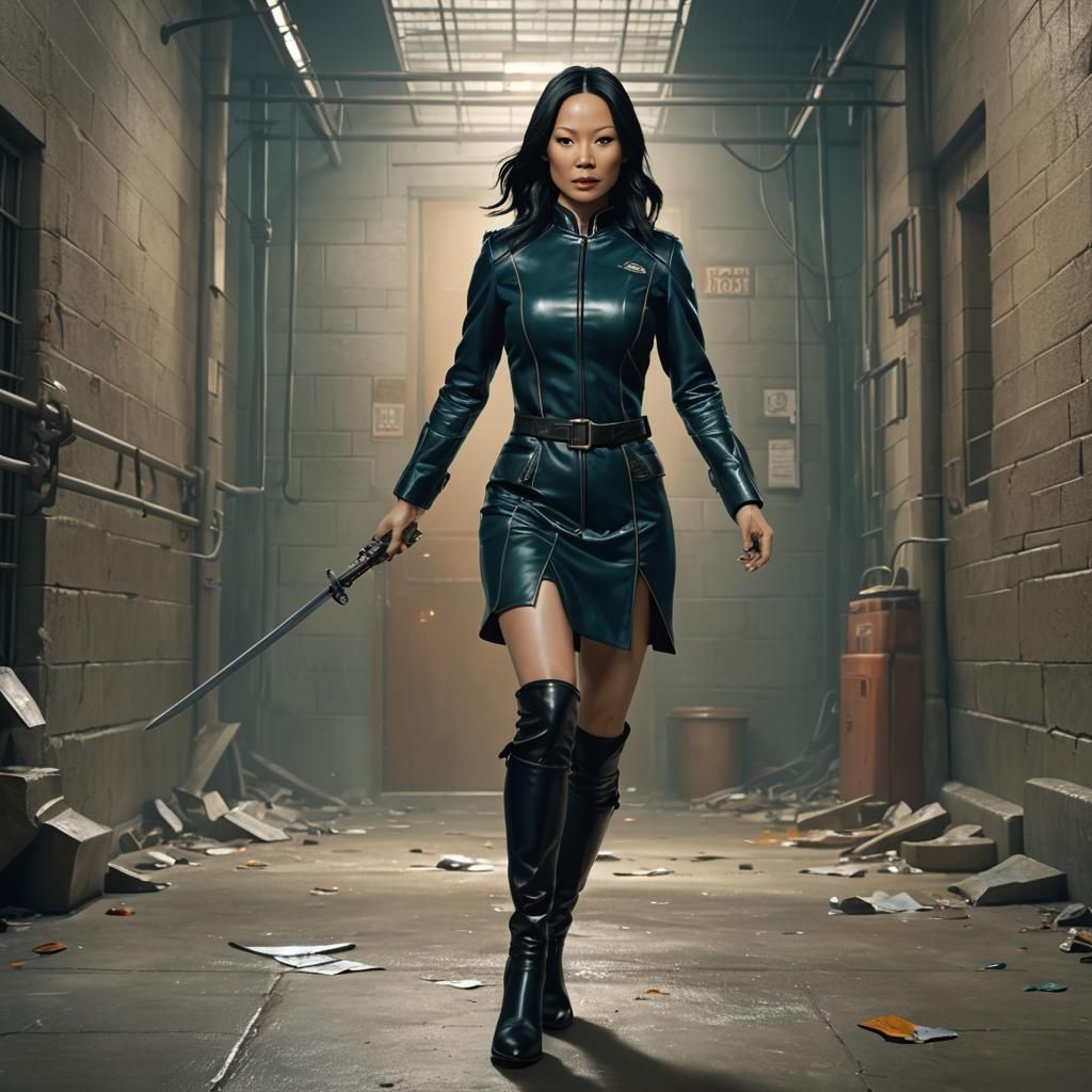 Lucy Liu dressed in a leather mini dress with stockings and high-heeled ...