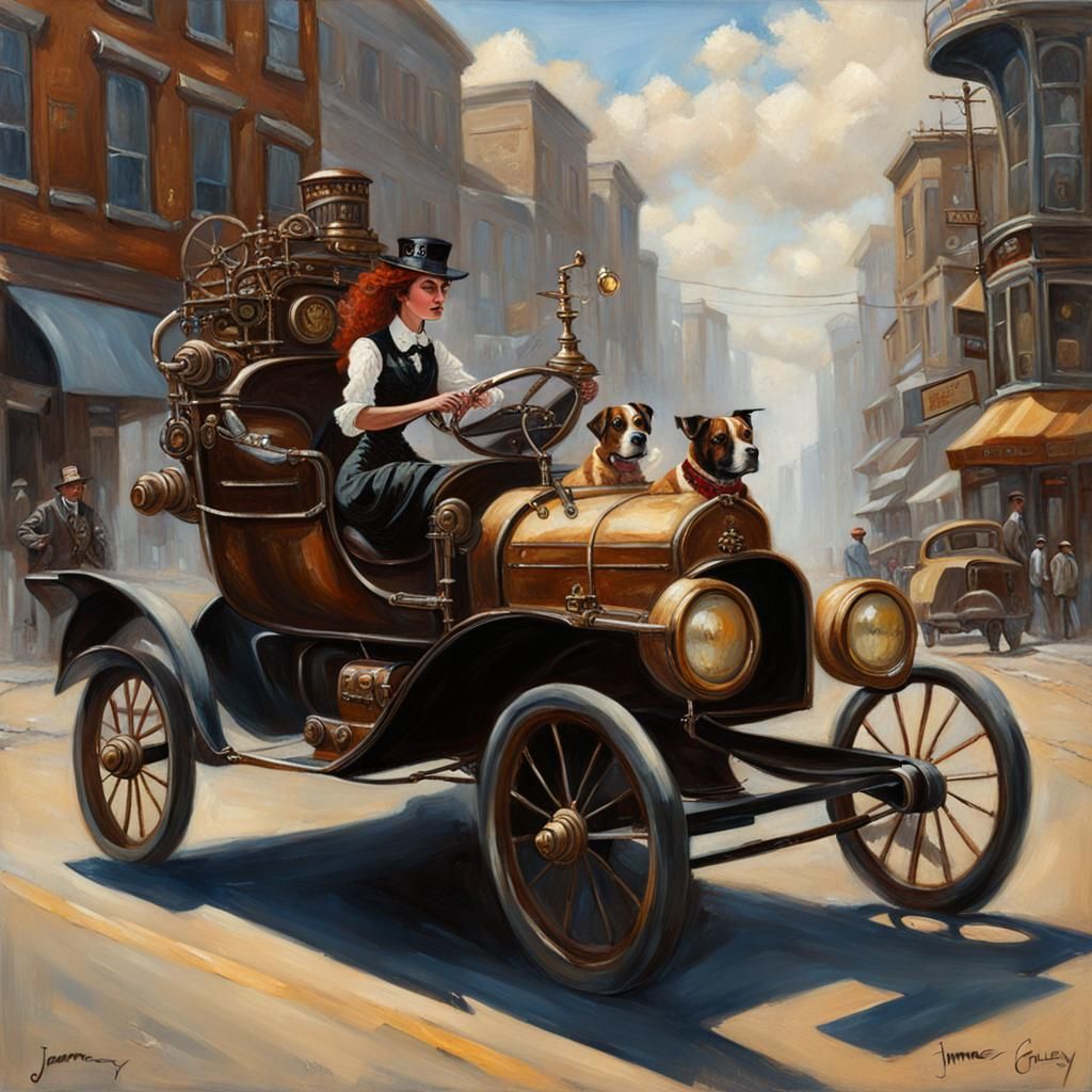 Steampunk girl and her dog driving a steampunk automotive down a busy ...