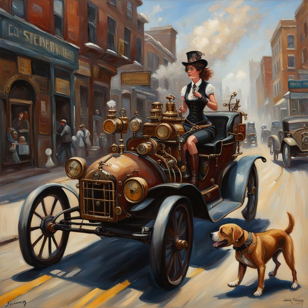 Steampunk girl and her dog driving a steampunk automotive down a busy ...