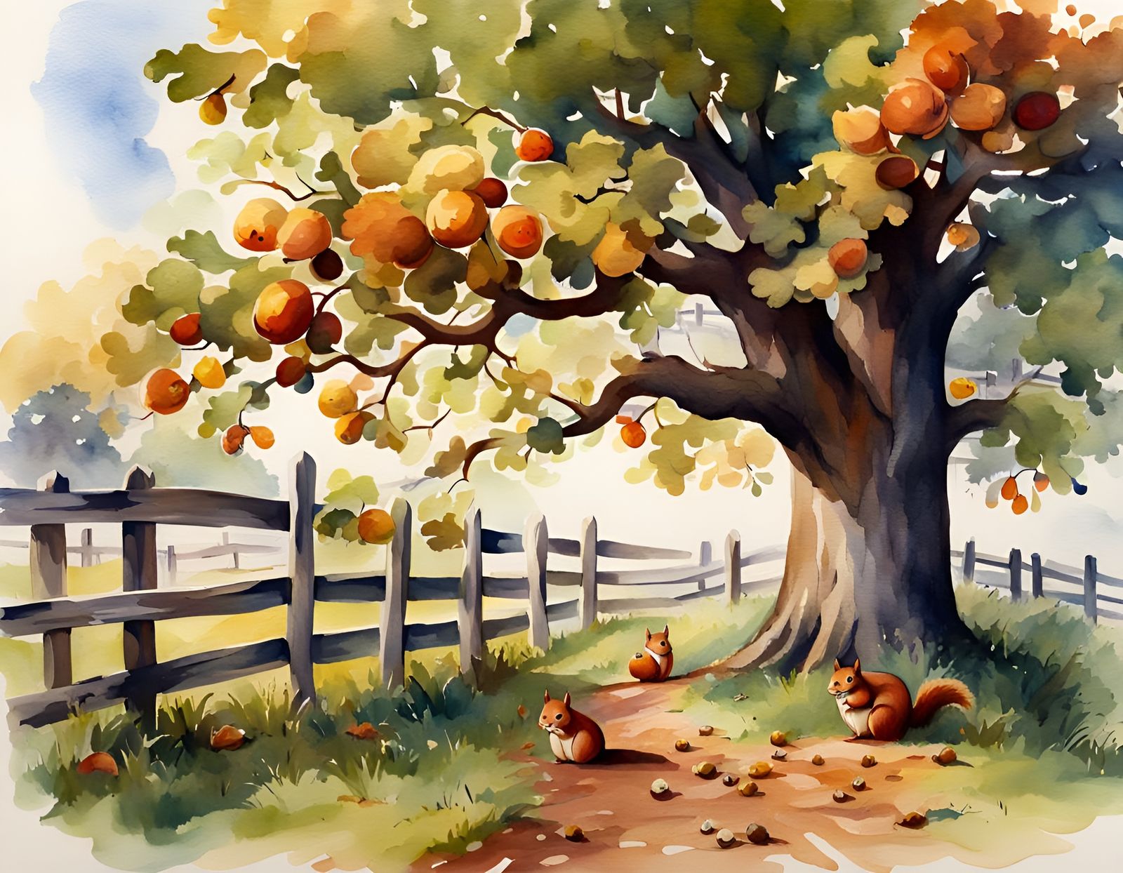 A beautiful huge oak tree with acorns and squirrels near an old wooden ...