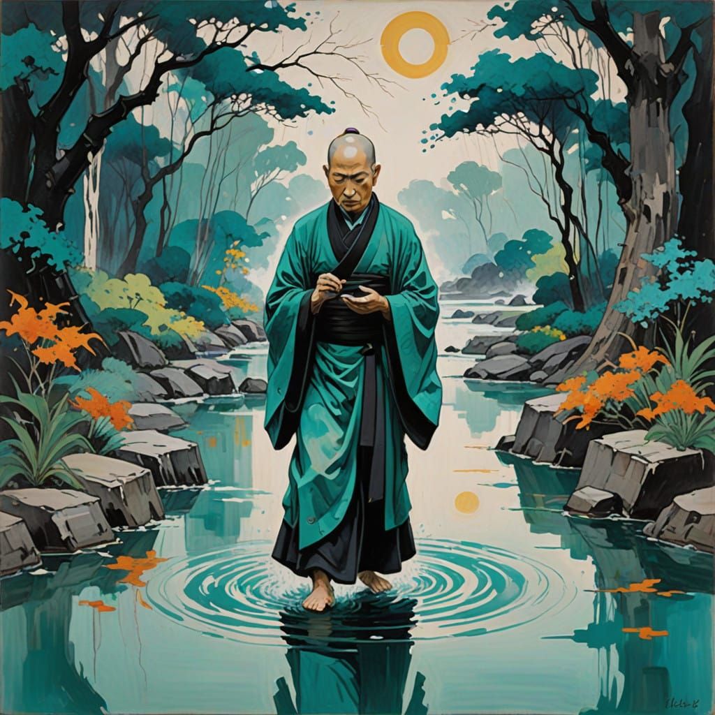 A monk walks on water contemplating space between his hands.