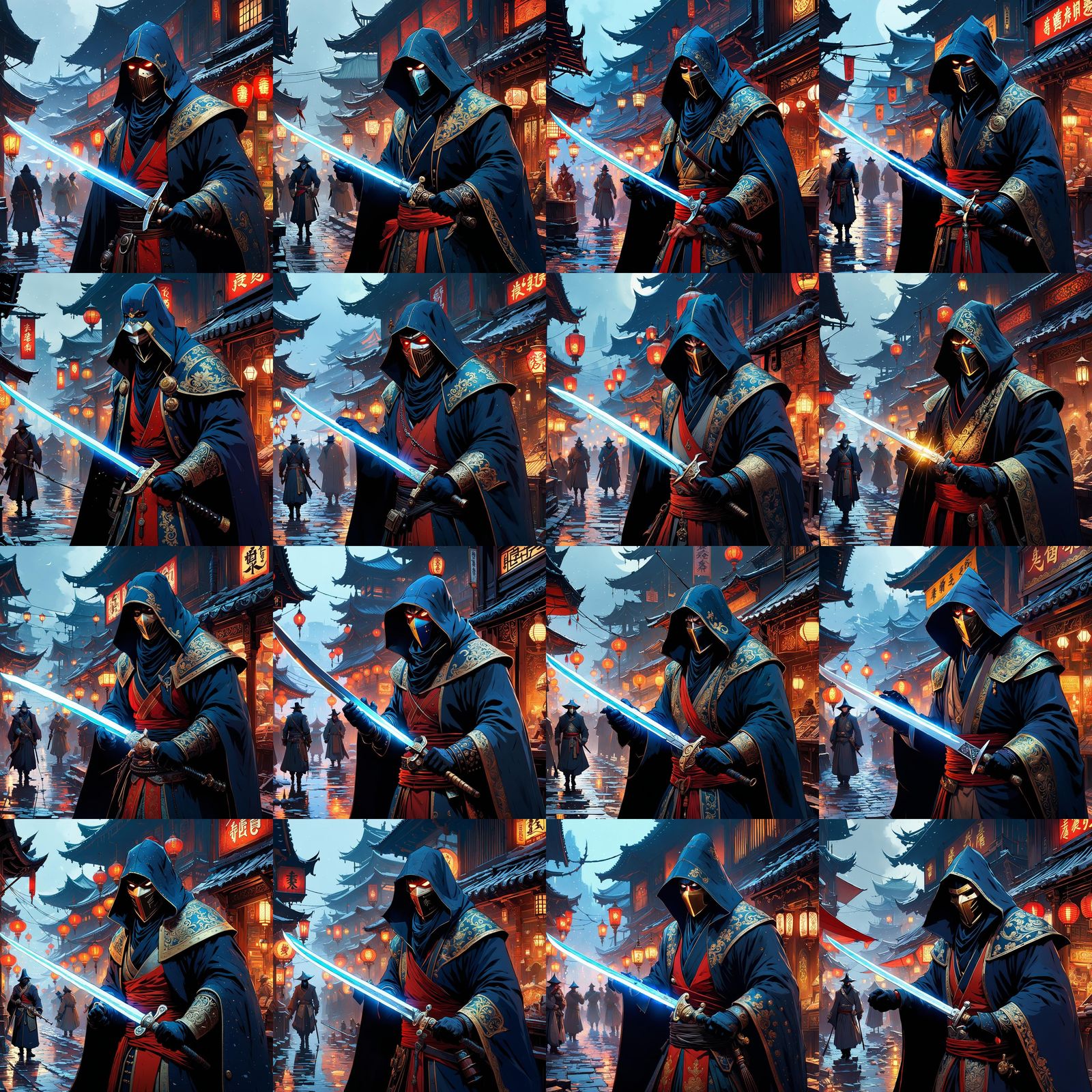 "Greedy and ominous masked merchant unsheathing his blade", intricately ...