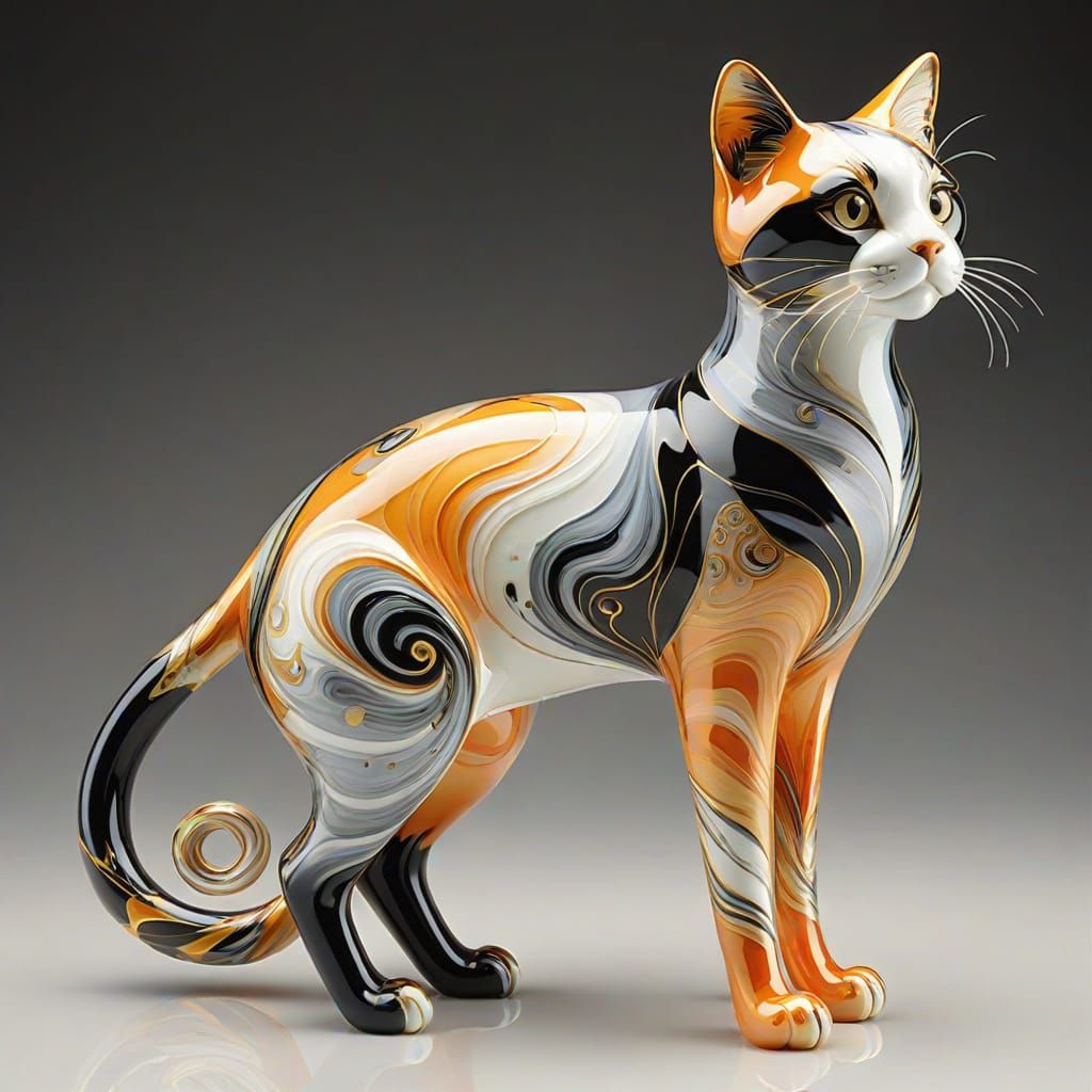 Murano glass sculpture of realistic calico cat,