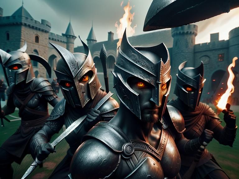 shadow warriors wearing corinthian helmets, wielding fire magic ...