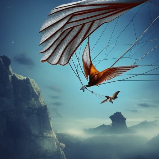 close-up on a parachute at the end of which hangs a fantastic bird ...