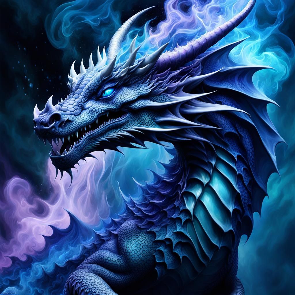 An image of a dragon, digital art techniques, features blue smoke ...