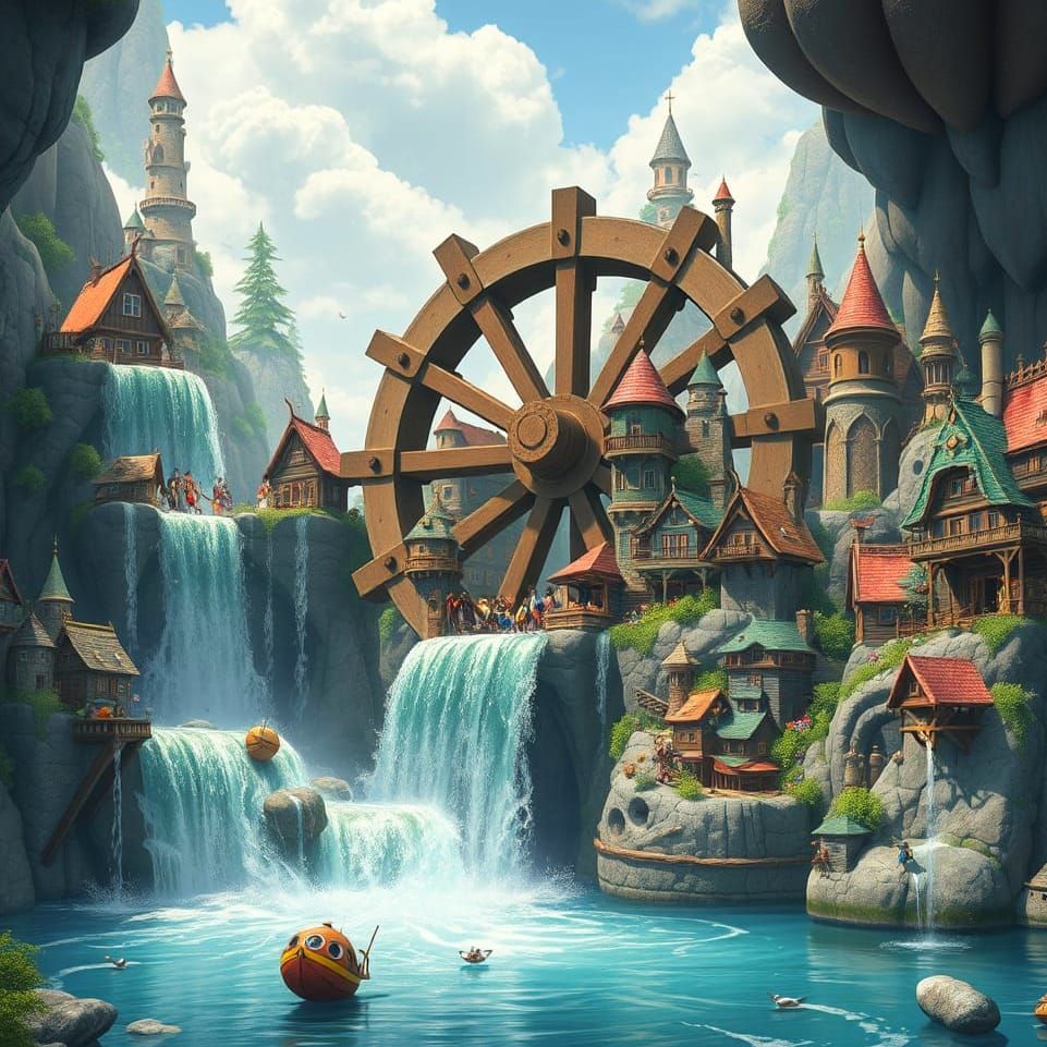 Village's Waterwheel - Giant Fantasy Waterwheel Powers Whims...