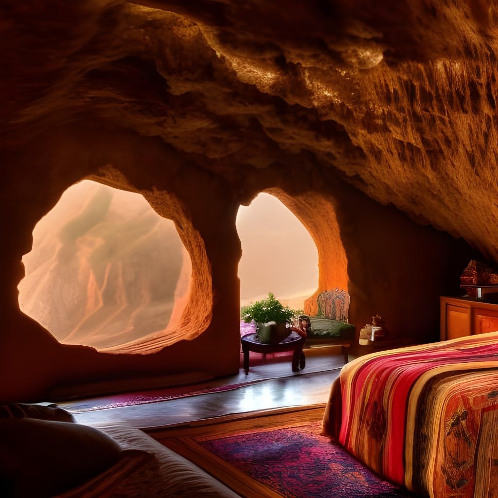 Room with candles,thick rugs and cushions inside a cave intricate ...