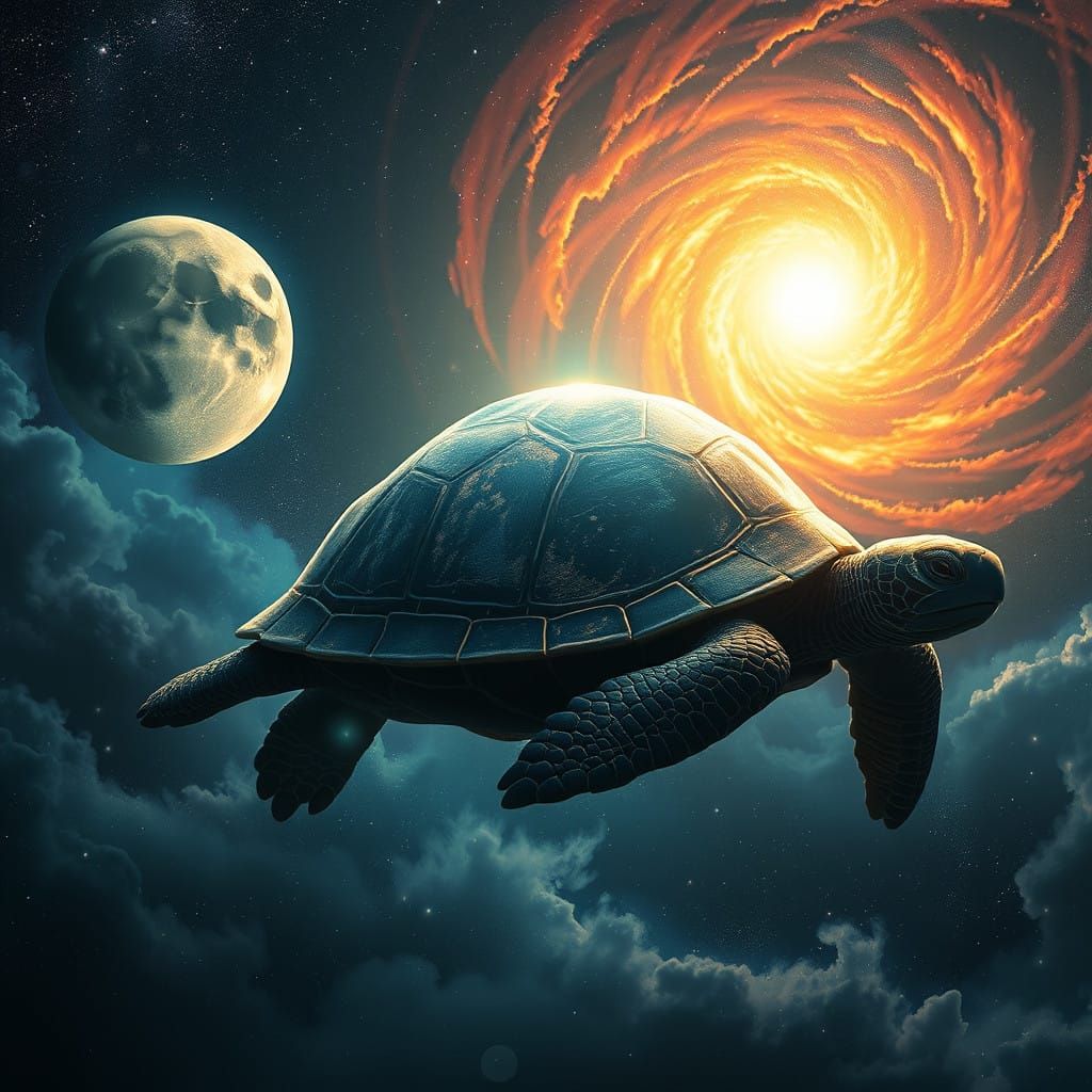 Celestial Turtle in Space, with Moon and Sun - AI Art