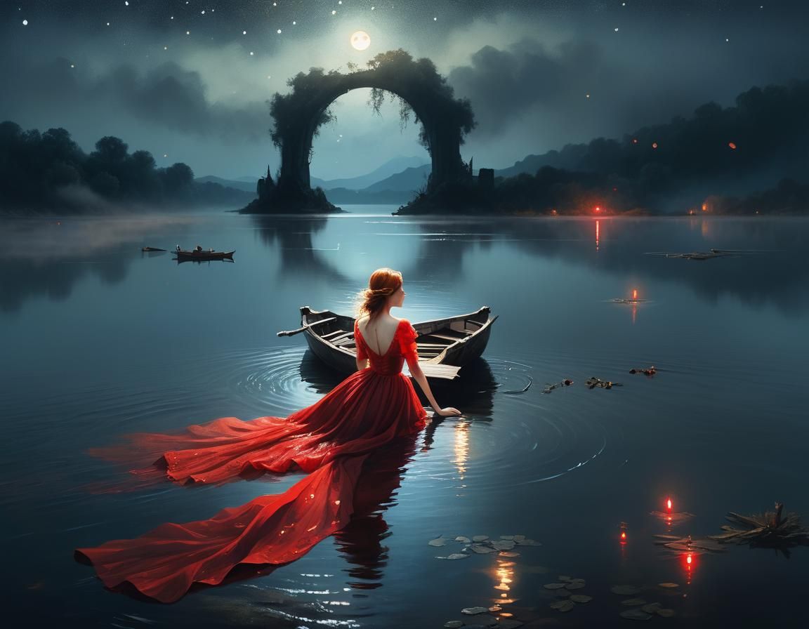 girl lying in a lake wearing a long red dress, wet red fabric ...