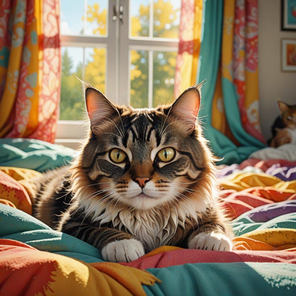 cat barfing on bed - Whimsical Cat Barfing on a Messy Bed in...