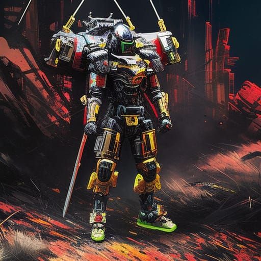 An alien wears a samurai mech suit, as he prepares to enter the ...