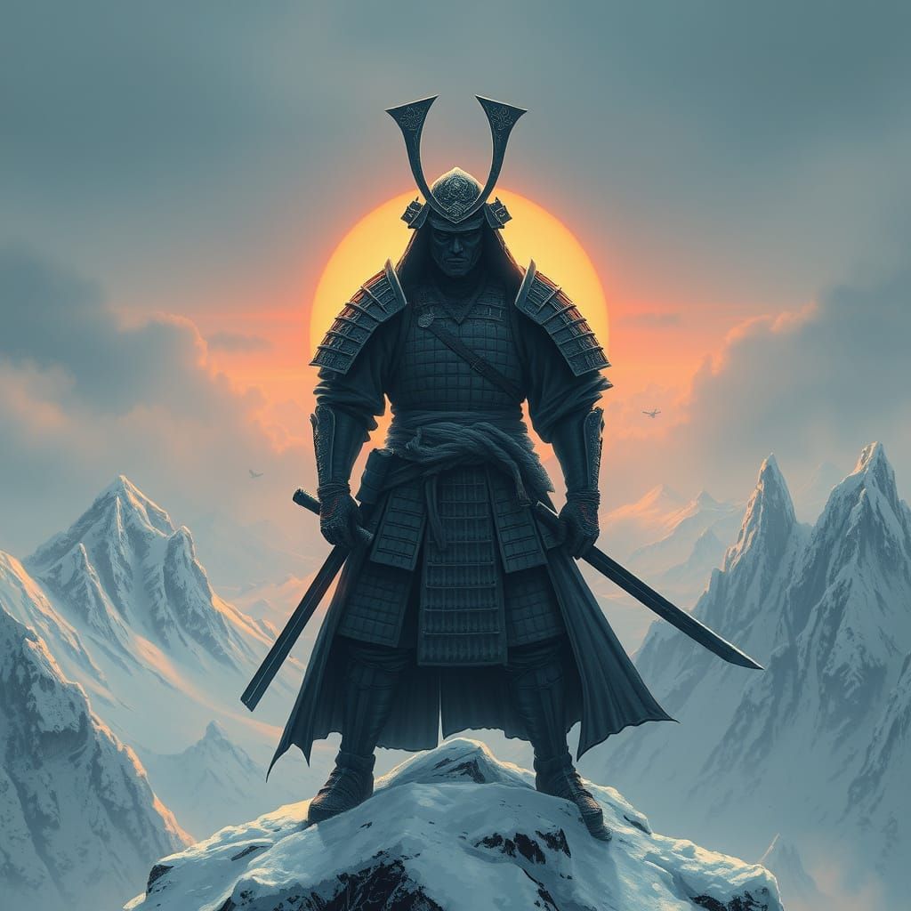 Spectral samurai warrior stands atop a snow-covered mountain peak at ...