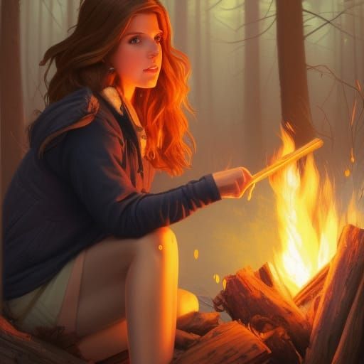 Anna Kendrick enjoying a campfire - AI Generated Artwork - NightCafe Creator