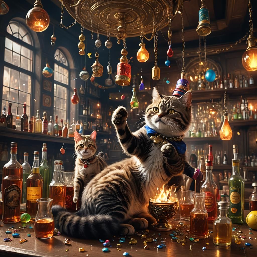 Drunk rowdy cats in bar celebrating a birthday, cat toys and catnip ...