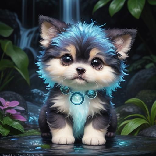 adorable cute chibi baby furry Puppy with a bioluminescent Waterfall in ...