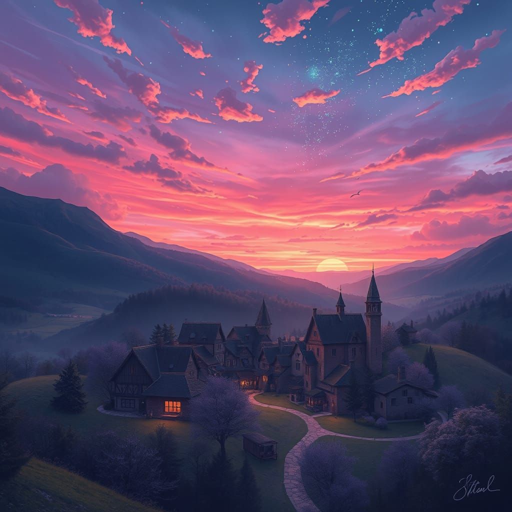 Whimsical Valley Sunset with Lavender Tears and Bl... - AI Art