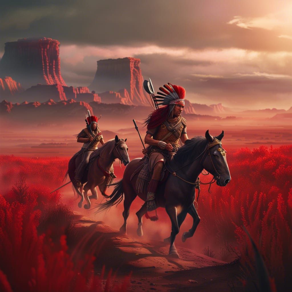 red indians on horseback riding across the plain buffalo spears, 4k ...